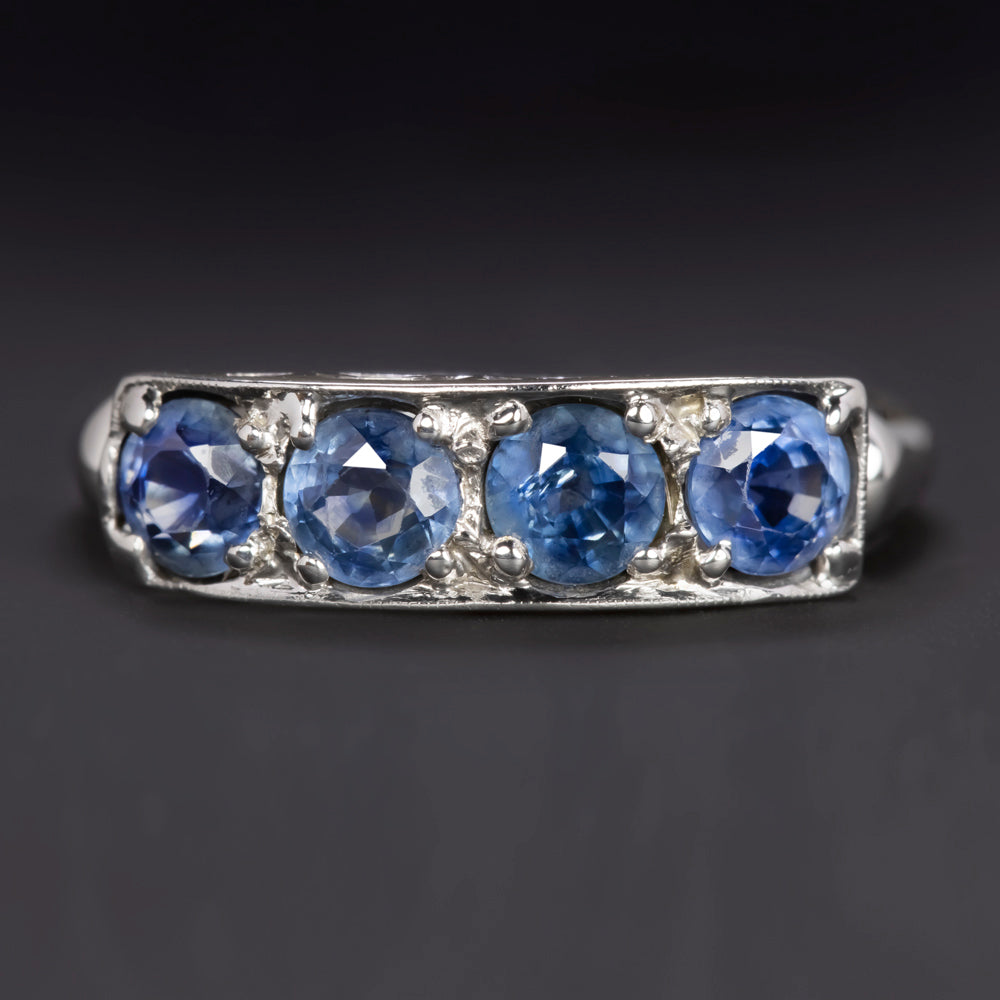VINTAGE SAPPHIRE 4 STONE BAND 18k WHITE GOLD RING NATURAL BLUE 1.20ct ROUND