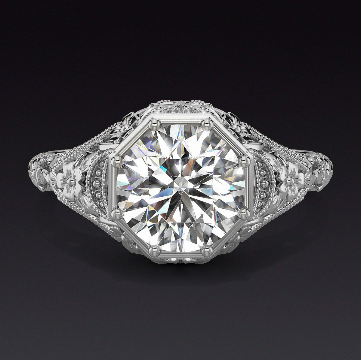 VINTAGE STYLE ENGAGEMENT RING 8mm 2ct ROUND SETTING 14K WHITE GOLD ...