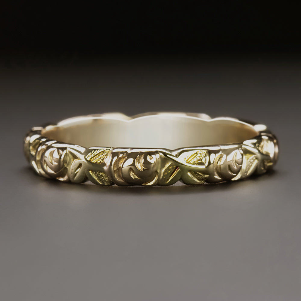 VINTAGE 14k TRI TONE GOLD FLOWER RING ETERNITY BAND YELLOW ROSE GREEN JABEL