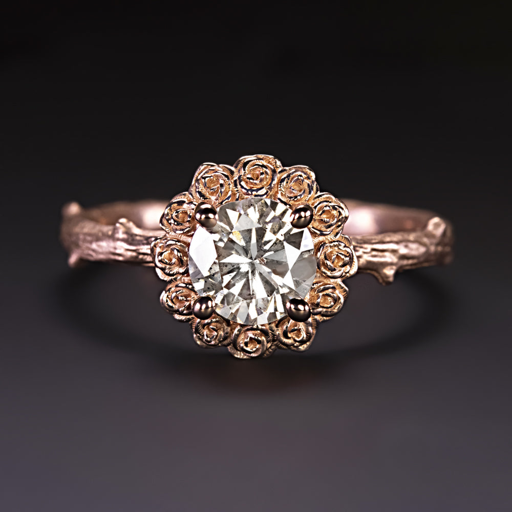 1 CARAT NATURAL DIAMOND RING FLOWER BOTANICAL 14k ROSE GOLD ROUND CUT ...