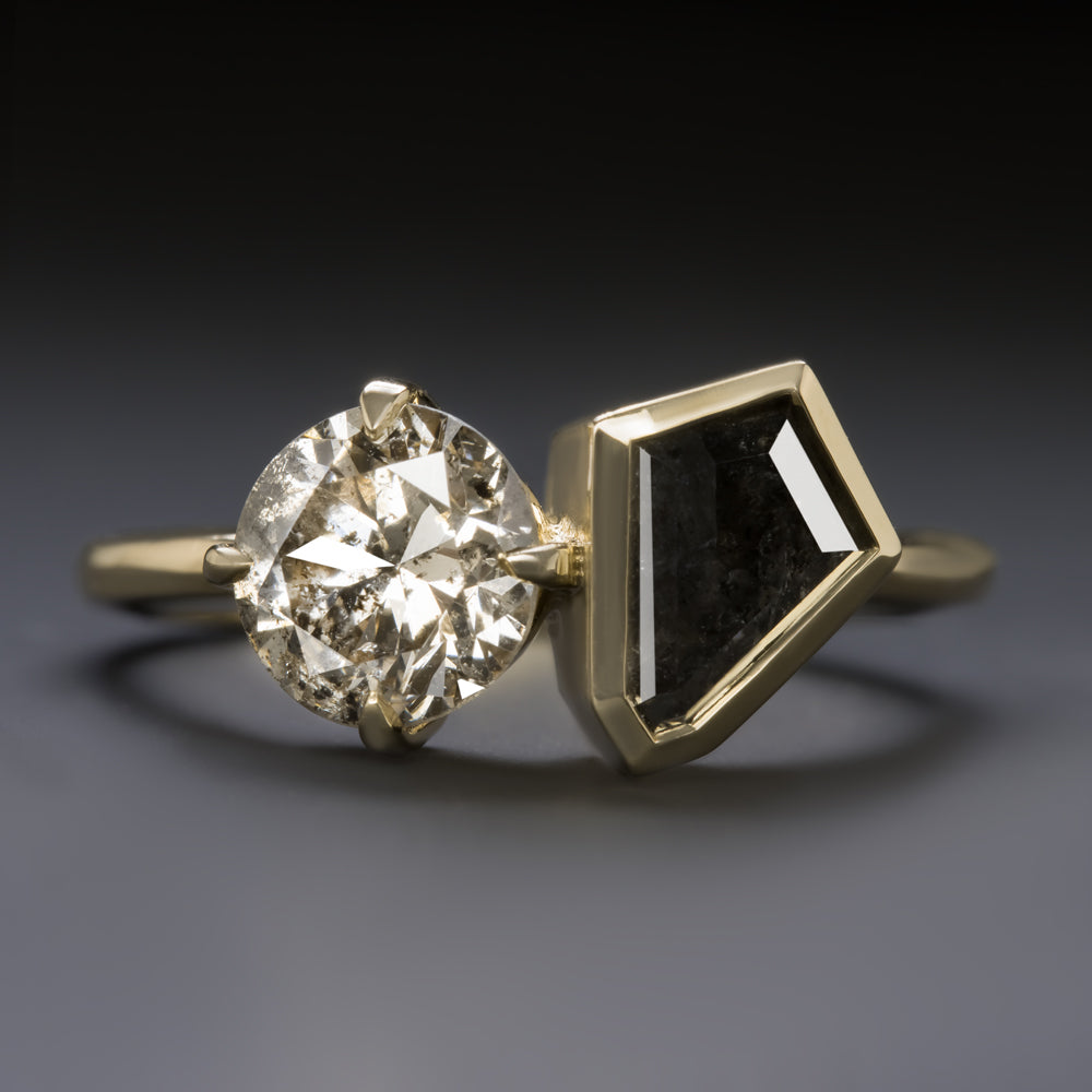 NATURAL DIAMOND TOI ET MOI RING SALT AND PEPPER BLACK KITE SHAPE ROUND 14k GOLD