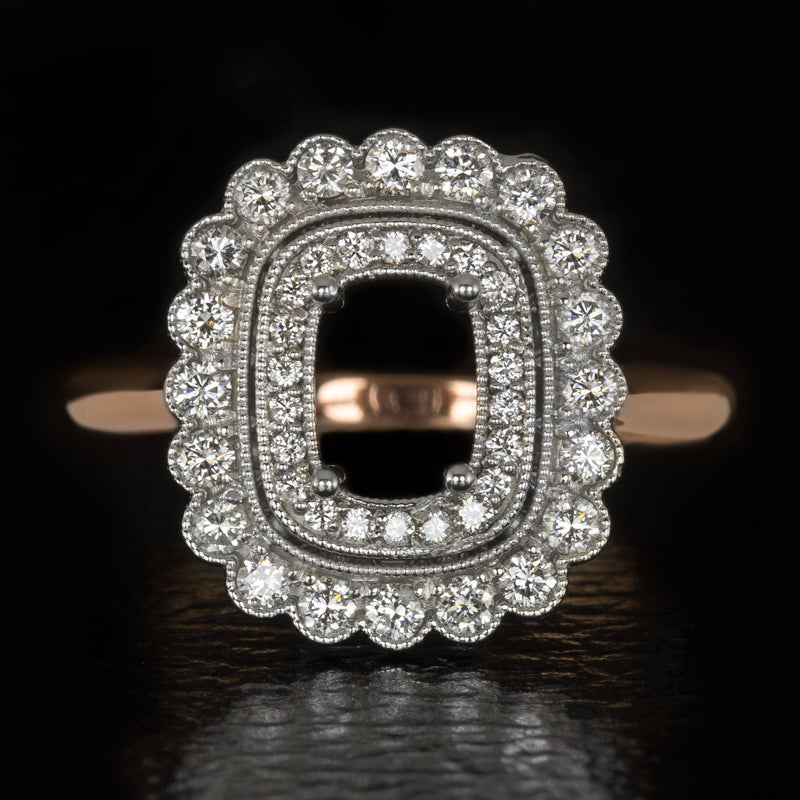 VINTAGE STYLE HALO DIAMOND RING SETTING CUSHION EMERALD CUT SEMI-MOUNT ...