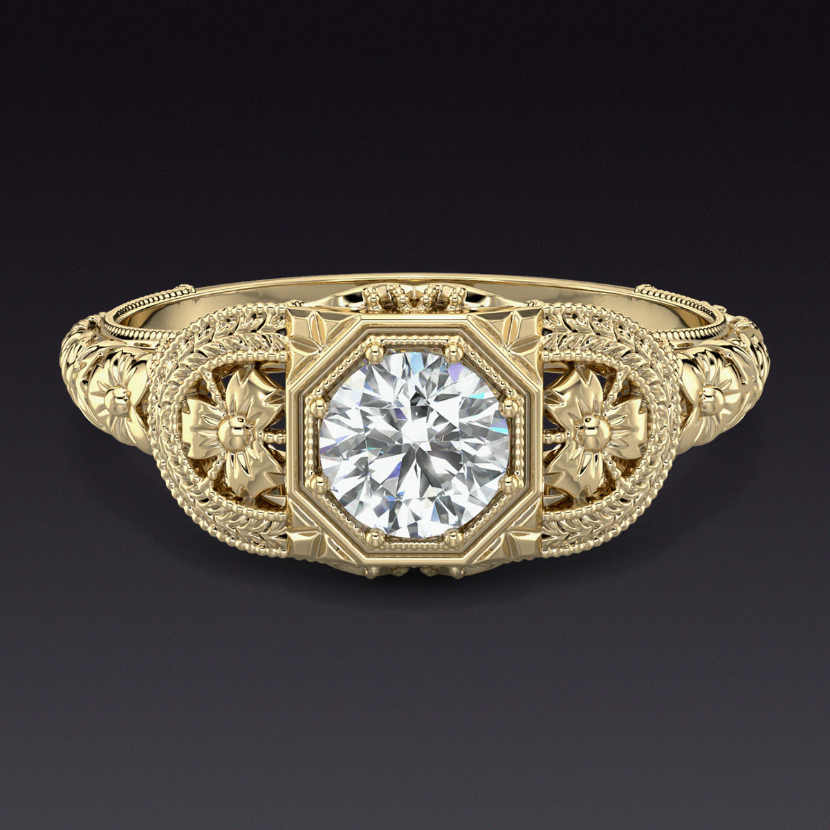 VINTAGE STYLE RING SETTING 14k YELLOW GOLD ART DECO FLORAL FILIGREE ...