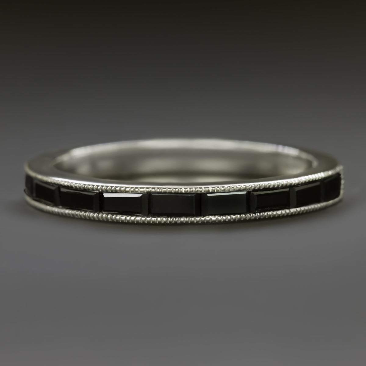 BLACK ONYX HALF ETERNITY BAND PLATINUM RING VINTAGE STYLE CHANNEL MILGRAIN