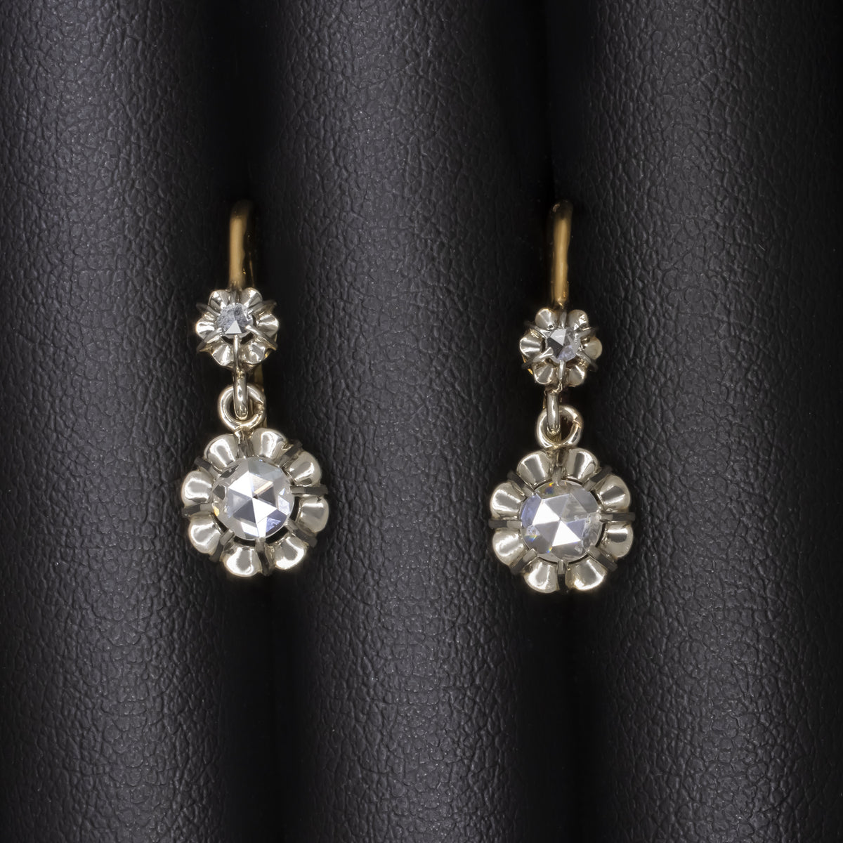 VICTORIAN DIAMOND DROP EARRINGS 18k GOLD ROSE CUT BUTTERCUP FRENCH ANTIQUE