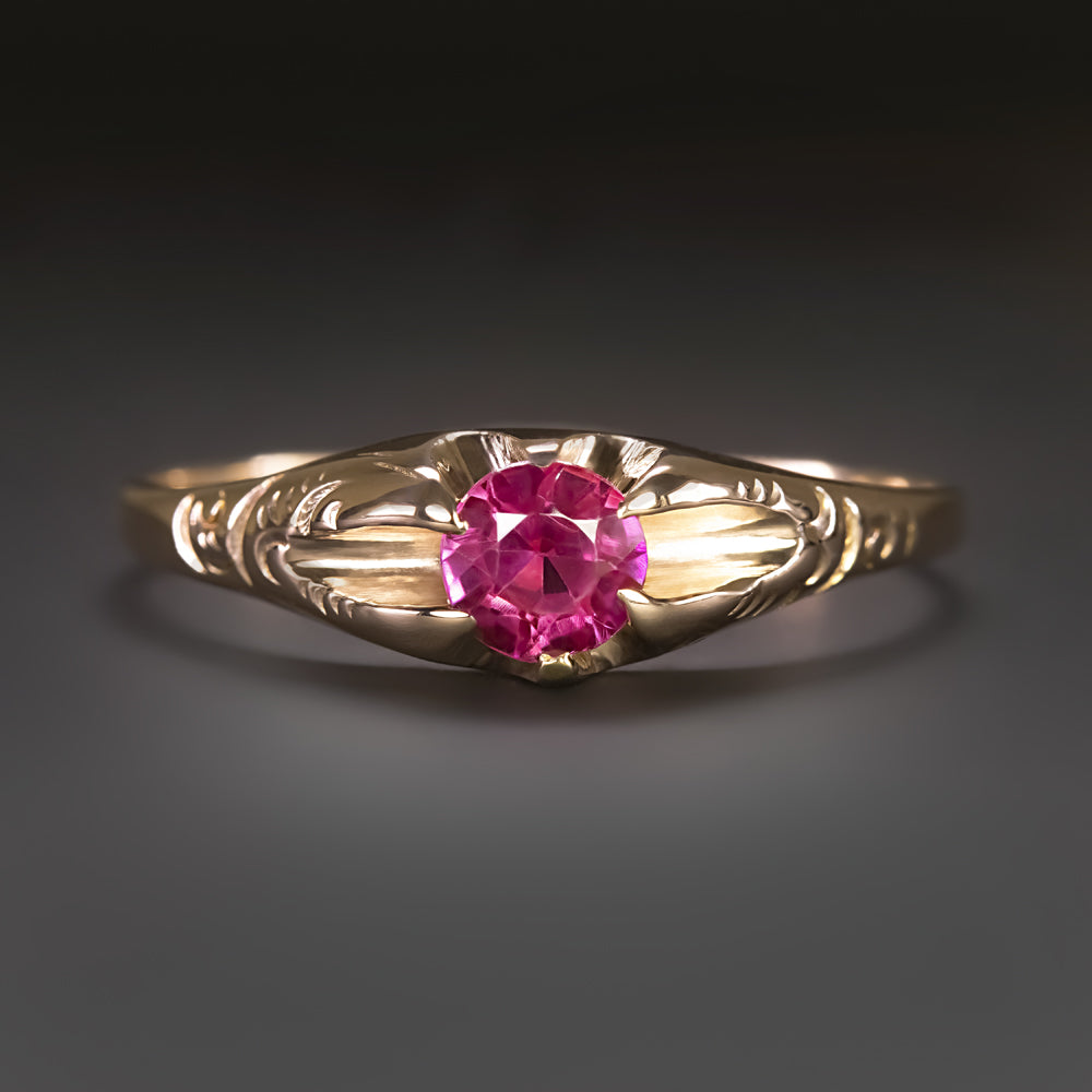 VINTAGE RUBY SOLITAIRE RING 10k YELLOW GOLD PINK RED BUTTERCUP COCKTAIL ...