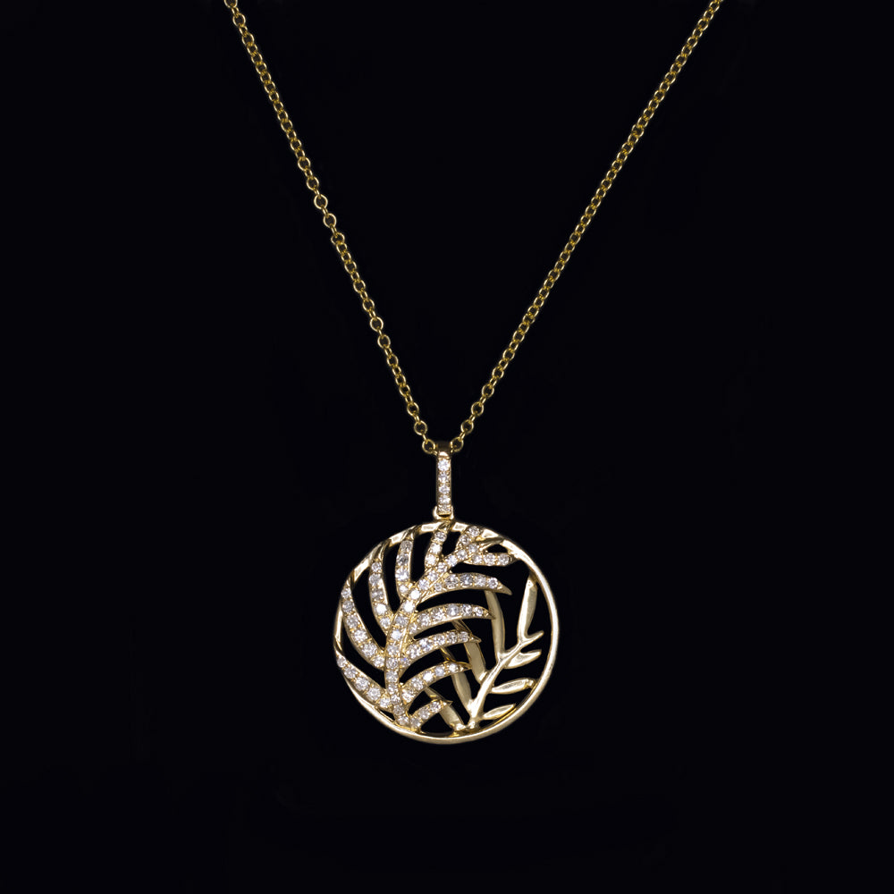 DIAMOND PALM LEAF NECKLACE EFFY DESIGNER 14k YELLOW GOLD CIRCLE PENDANT ...