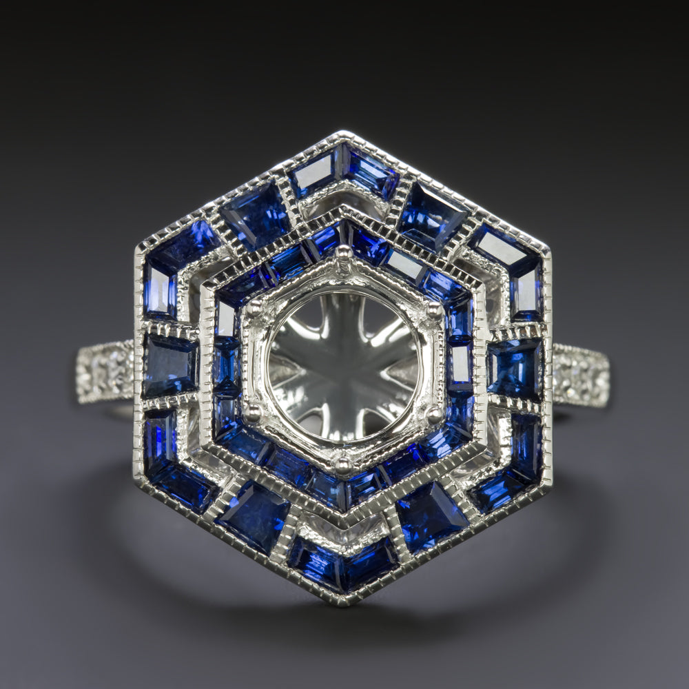 SAPPHIRE COCKTAIL RING SETTING 6.5m ROUND MOUNT HEXAGON GEOMETRIC PLATINUM