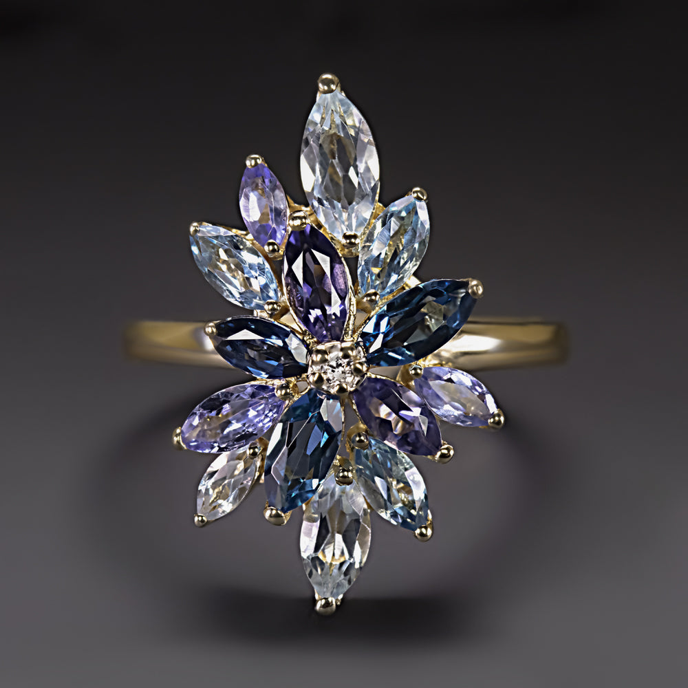 BLUE PURPLE GEMSTONE DIAMOND COCKTAIL RING YELLOW GOLD SAPPHIRE ...