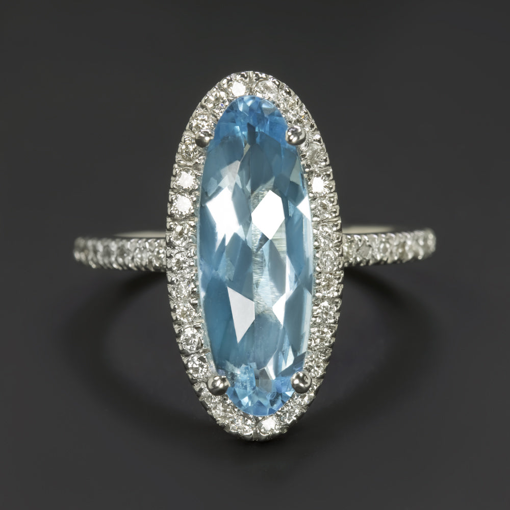 BLUE TOPAZ DIAMOND HALO RING EXTRA LONG OVAL SHAPE CUT 14k WHITE GOLD ...