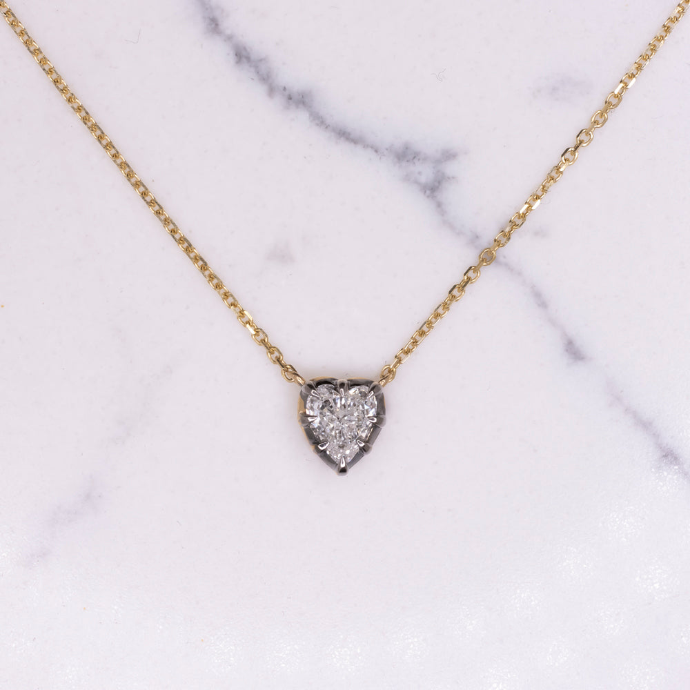 DIAMOND SOLITAIRE NECKLACE VICTORIAN STYLE COLLET HEART SHAPE 14k GOLD ...