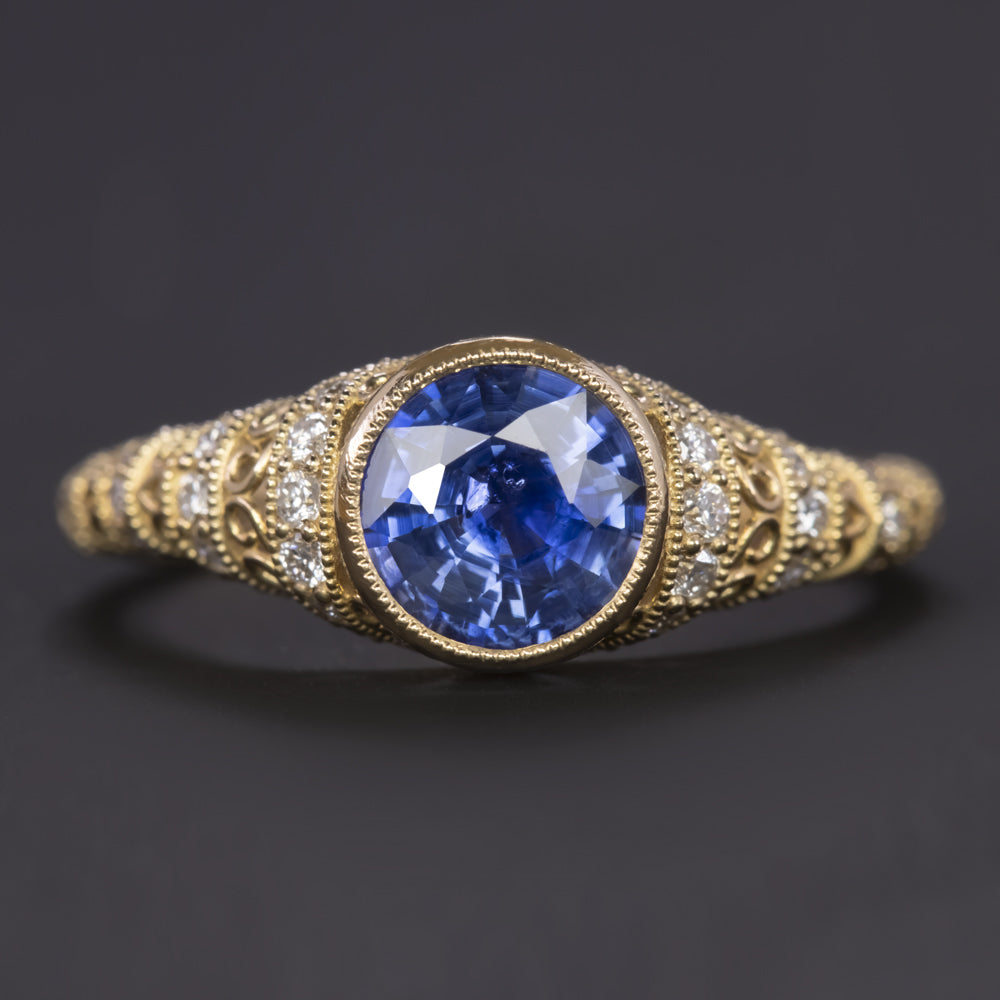 VINTAGE STYLE SAPPHIRE DIAMOND COCKTAIL RING YELLOW GOLD FILIGREE BEZEL ...