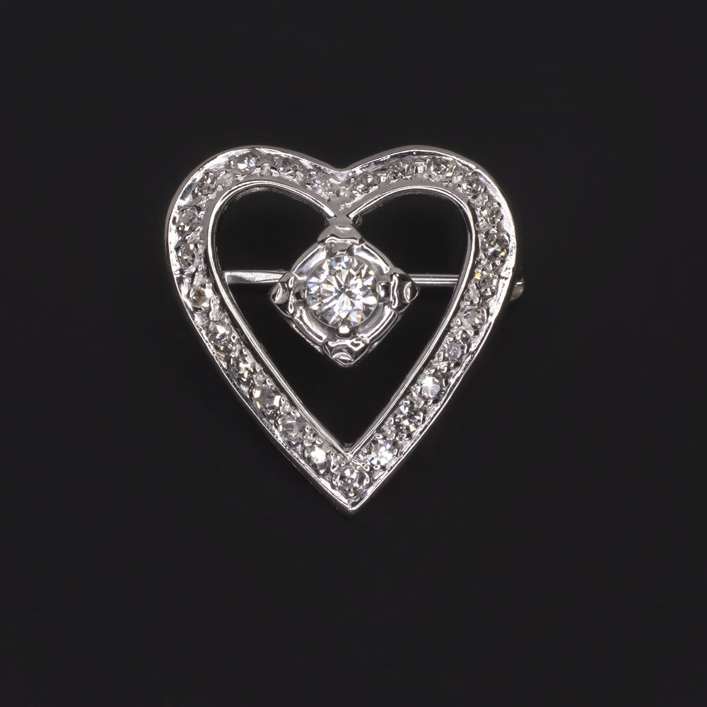 VINTAGE DIAMOND HEART SHAPE PIN BROOCH 14k WHITE GOLD NATURAL ESTATE ...