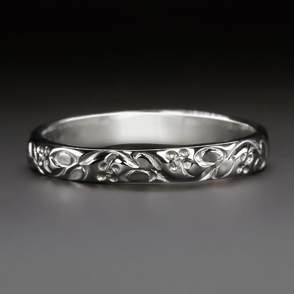 VINTAGE ORANGE BLOSSOM WEDDING RING FLORAL ENGRAVED BAND 14k WHITE GOLD ...
