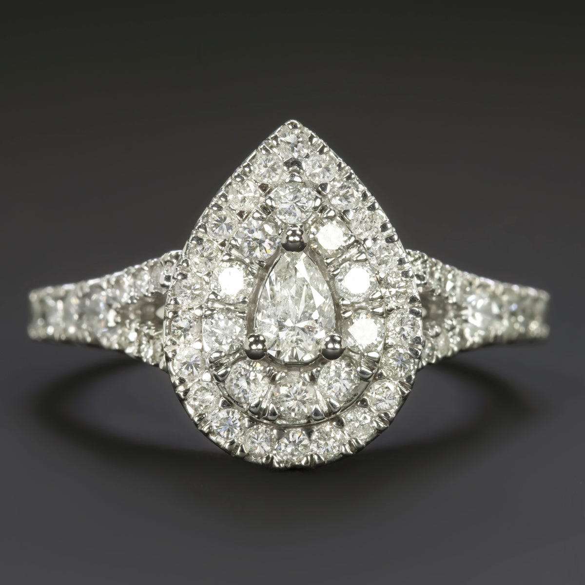 NATURAL DIAMOND RING PEAR SHAPE DOUBLE HALO ILLUSION 14k WHITE GOLD ...