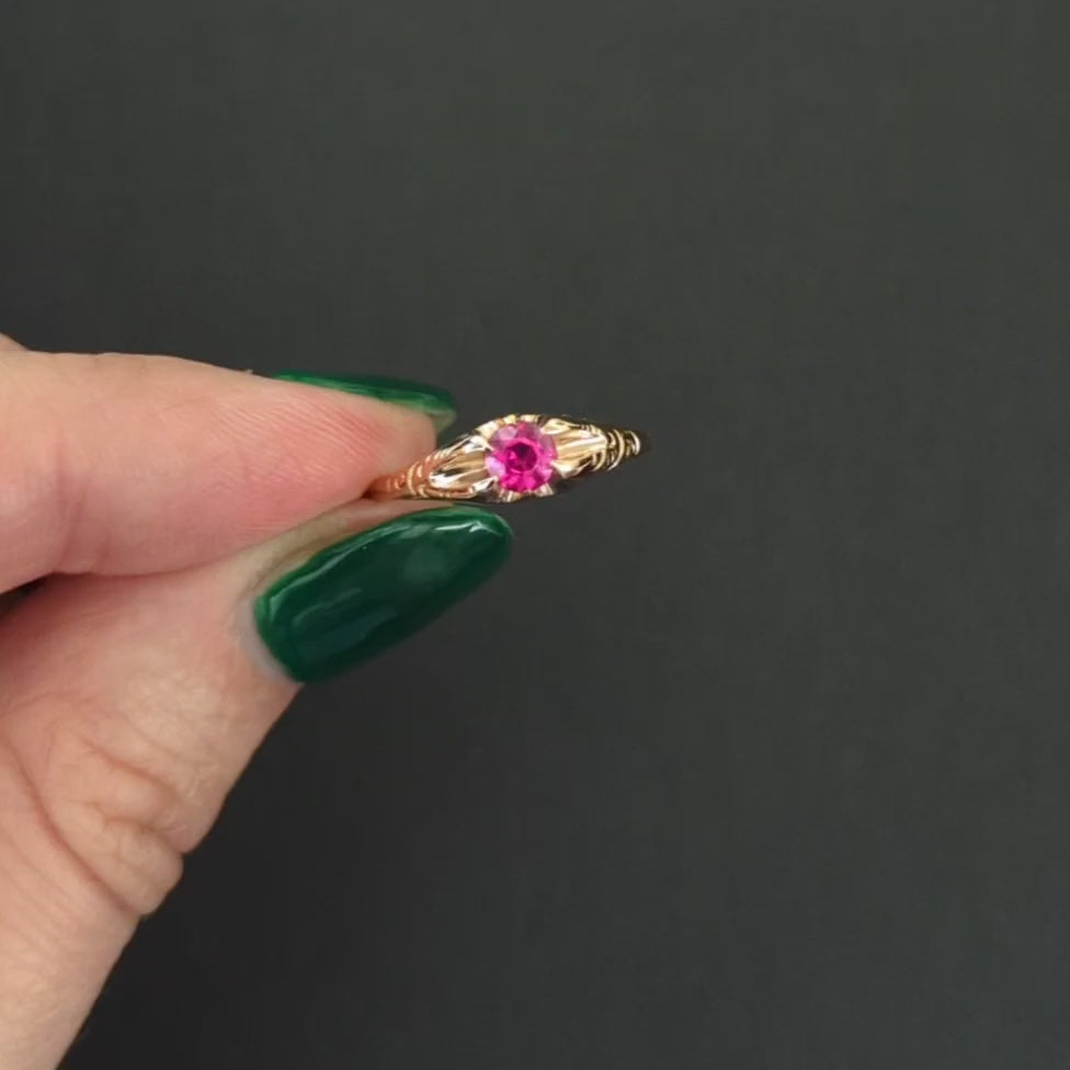 VINTAGE RUBY SOLITAIRE RING 10k YELLOW GOLD PINK RED BUTTERCUP COCKTAIL ...