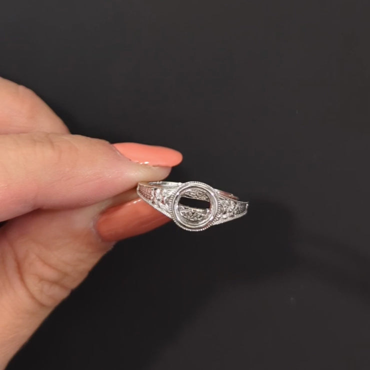 VINTAGE STYLE RING SETTING BEZEL MOUNT FLORAL ENGRAVED 14k WHITE GOLD ...