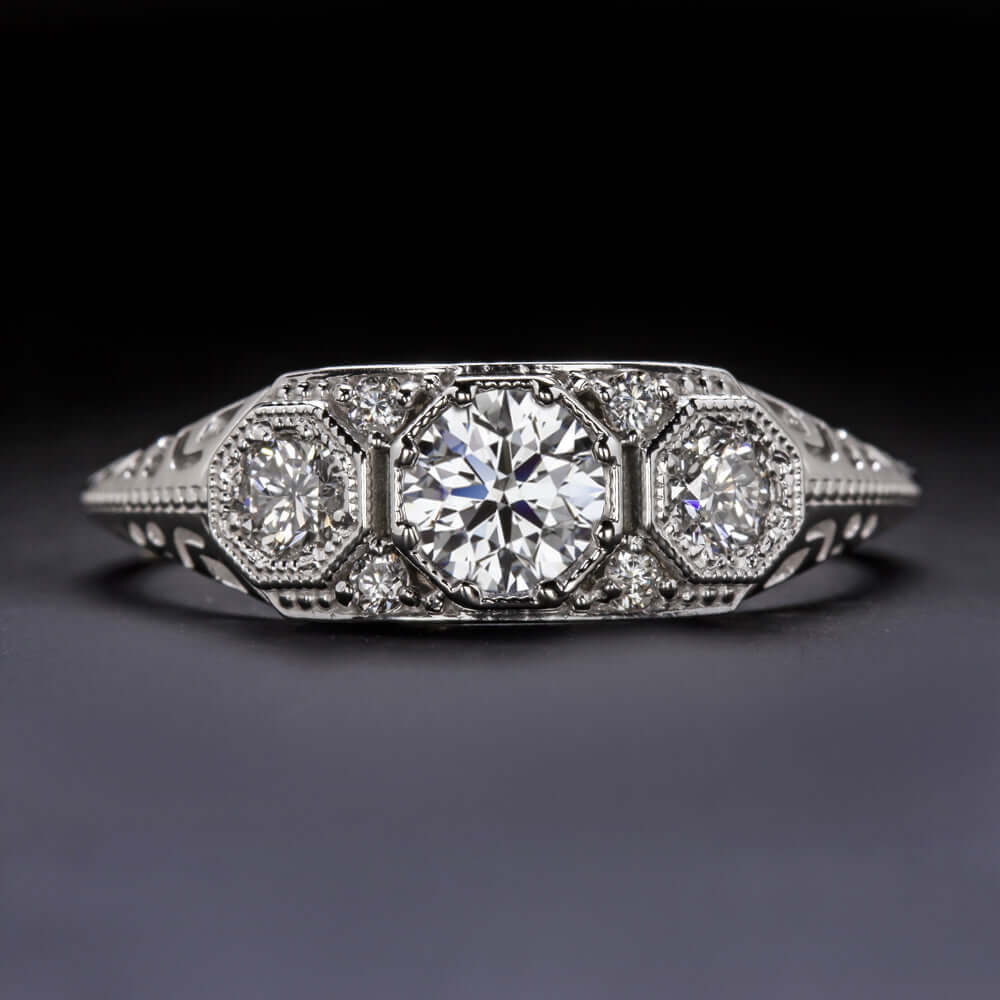 3/4ct LAB CREATED DIAMOND VINTAGE STYLE ENGAGEMENT RING 3 STONE IDEAL ...