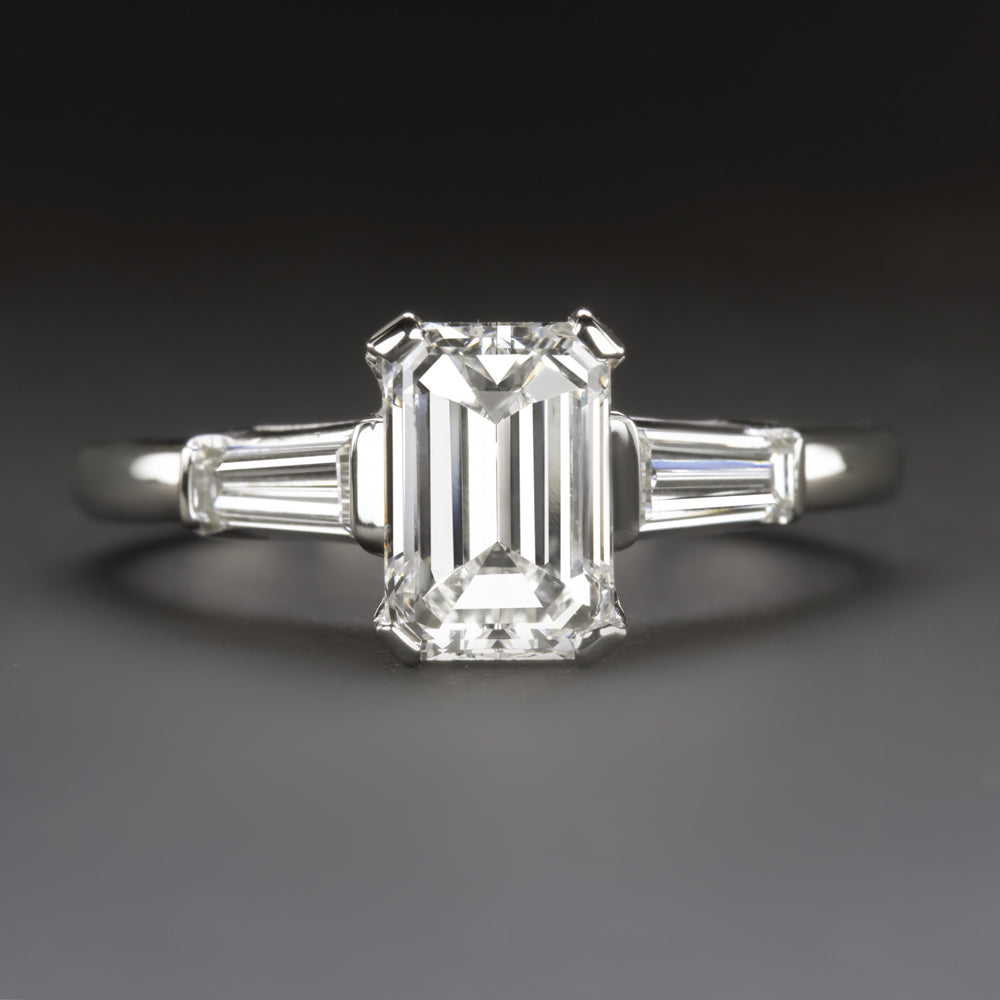 VINTAGE EMERALD CUT DIAMOND ENGAGEMENT RING 3 STONE PLATINUM 1.26c F ...