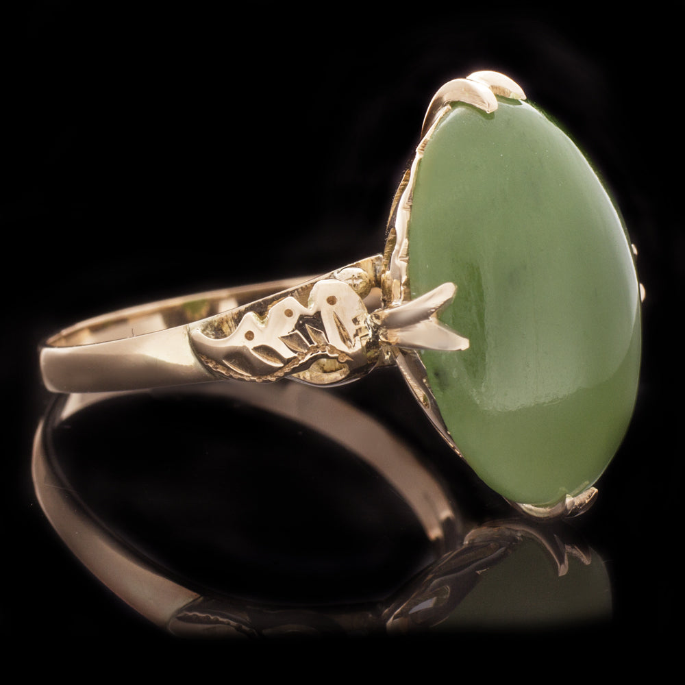 VINTAGE JADE 18k ROSE GOLD COCKTAIL RING OVAL CABOCHON SOLITAIRE ESTATE ...