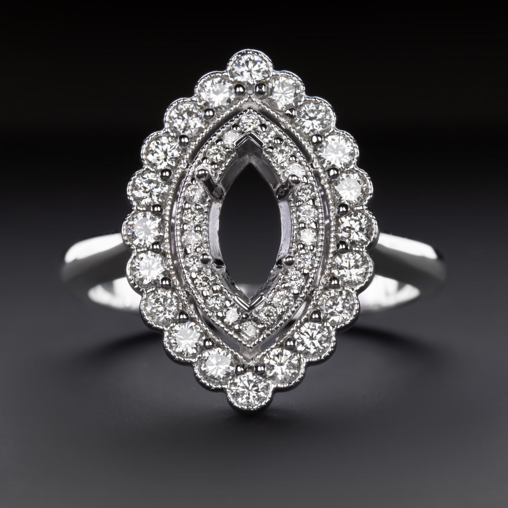 MARQUISE SHAPE DIAMOND RING SETTING VINTAGE STYLE SCALLOPED DOUBLE HALO ...