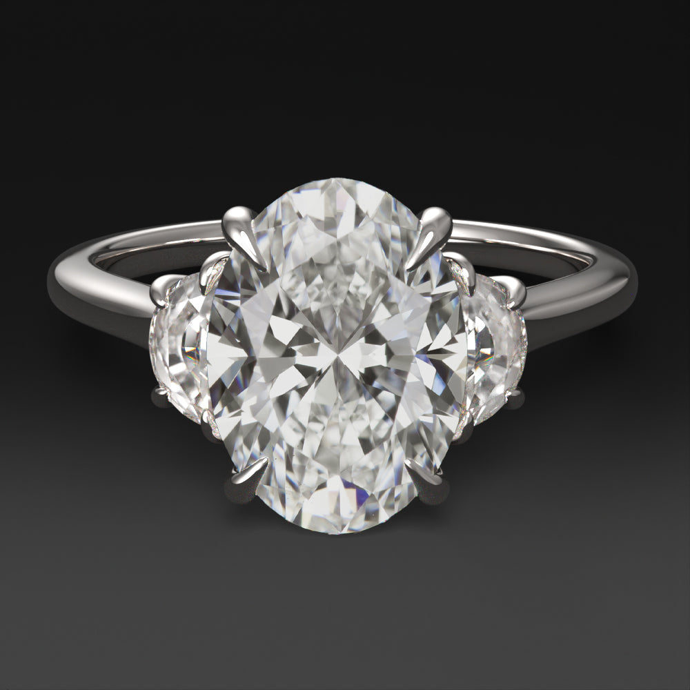 2ct LAB CREATED DIAMOND ENGAGEMENT RING 3 STONE OVAL HALF MOON CUT ...