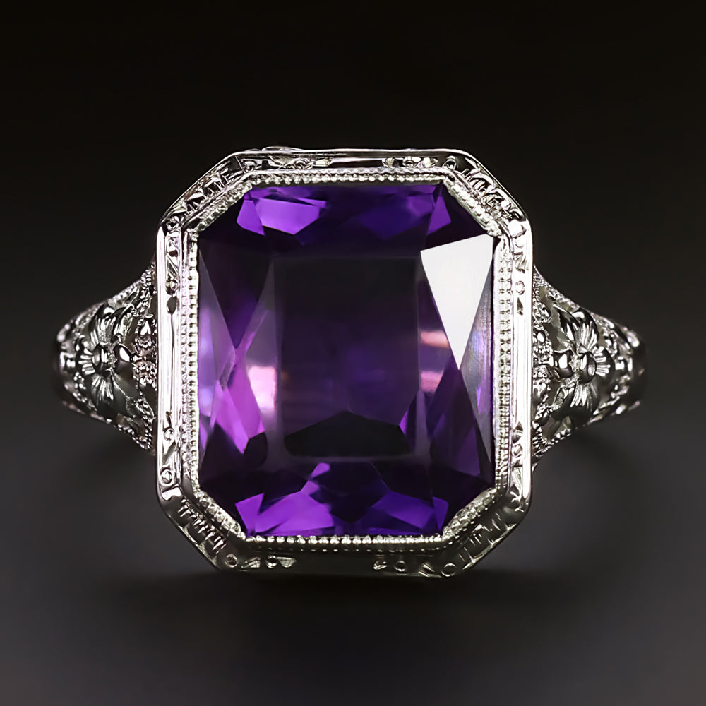 VINTAGE AMETHYST 18k WHITE GOLD FLORAL FILIGREE BEZEL SET SOLITAIRE ...