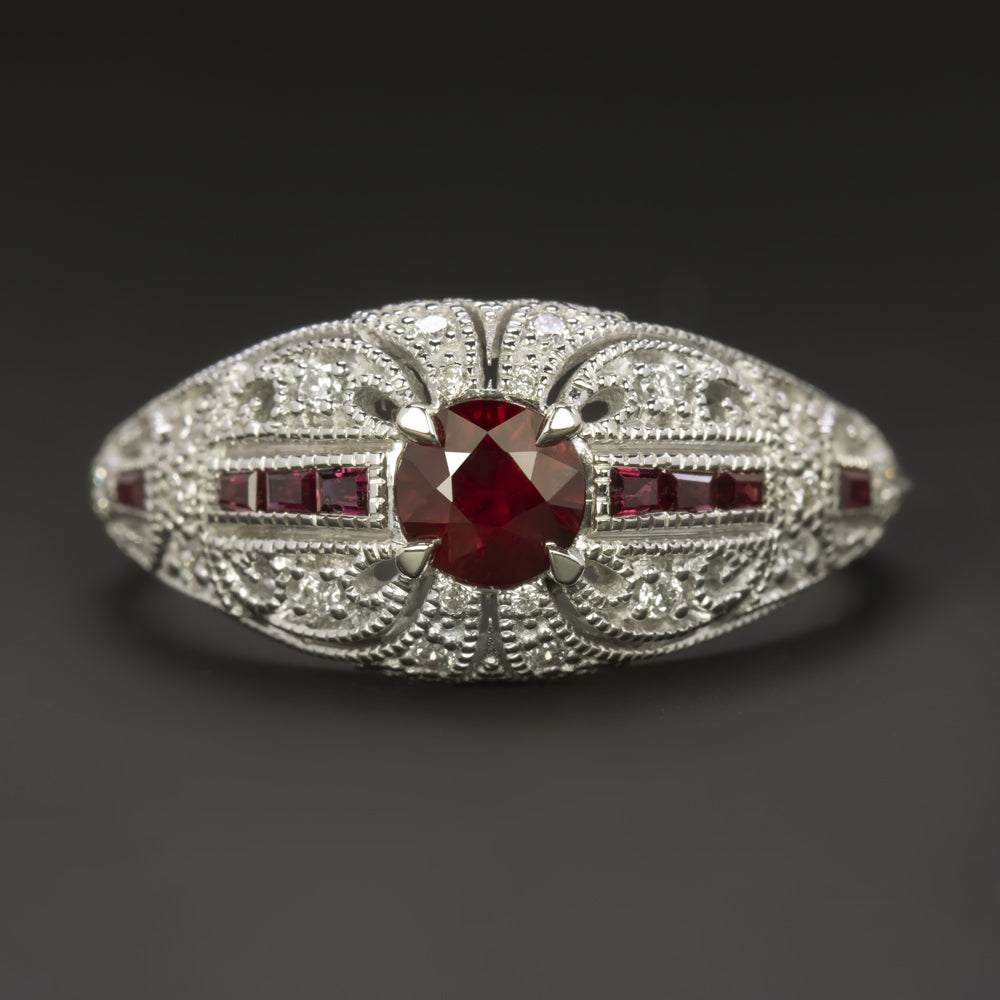 VINTAGE STYLE RUBY DIAMOND COCKTAIL RING 14k WHITE GOLD ART DECO DOME ...