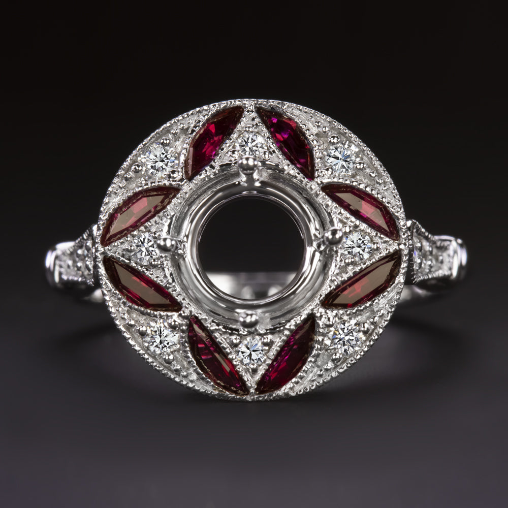 RUBY DIAMOND RING SETTING ART DECO VINTAGE STYLE HALO 14k WHITE GOLD 6 ...