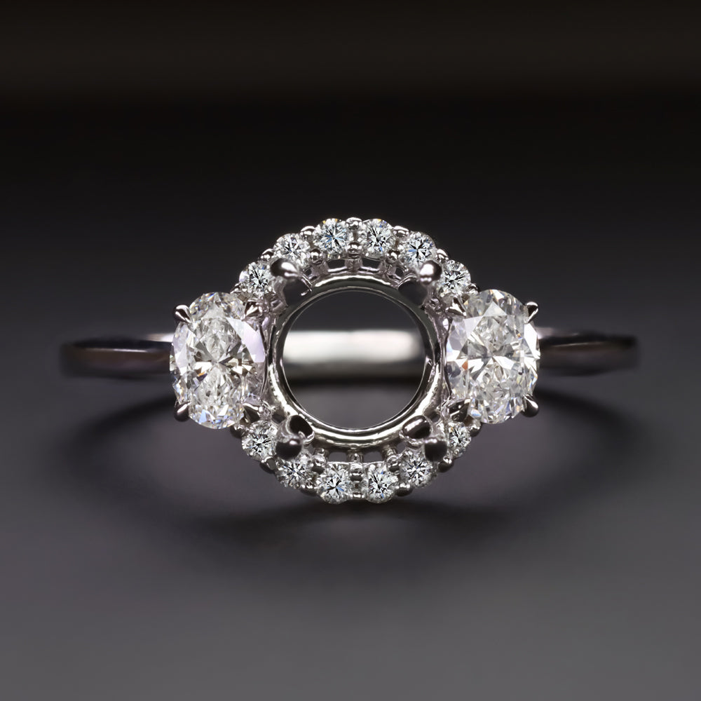 DIAMOND HALO RING SETTING 7mm ROUND SEMI MOUNT OVAL SHAPE ACCENTS 14k ...