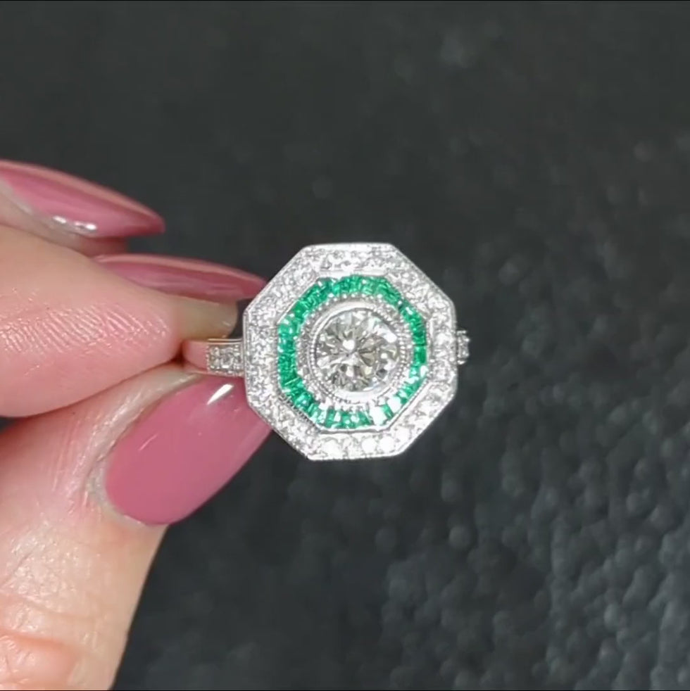 3/4ct G SI2 DIAMOND EMERALD RING VINTAGE STYLE HALO COCKTAIL ART DECO ...