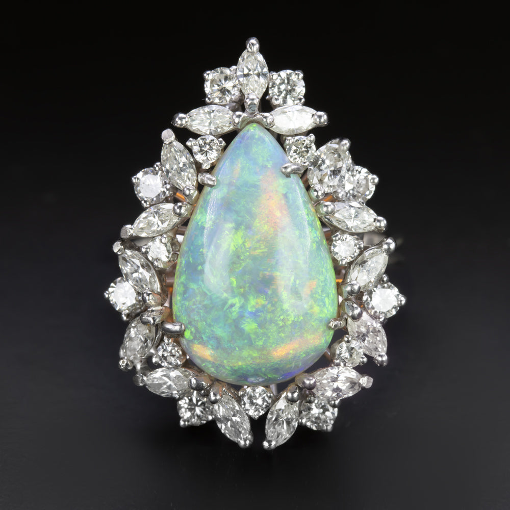 OPAL DIAMOND COCKTAIL RING PEAR SHAPE HALO 18k WHITE GOLD BIG STATEMENT ...