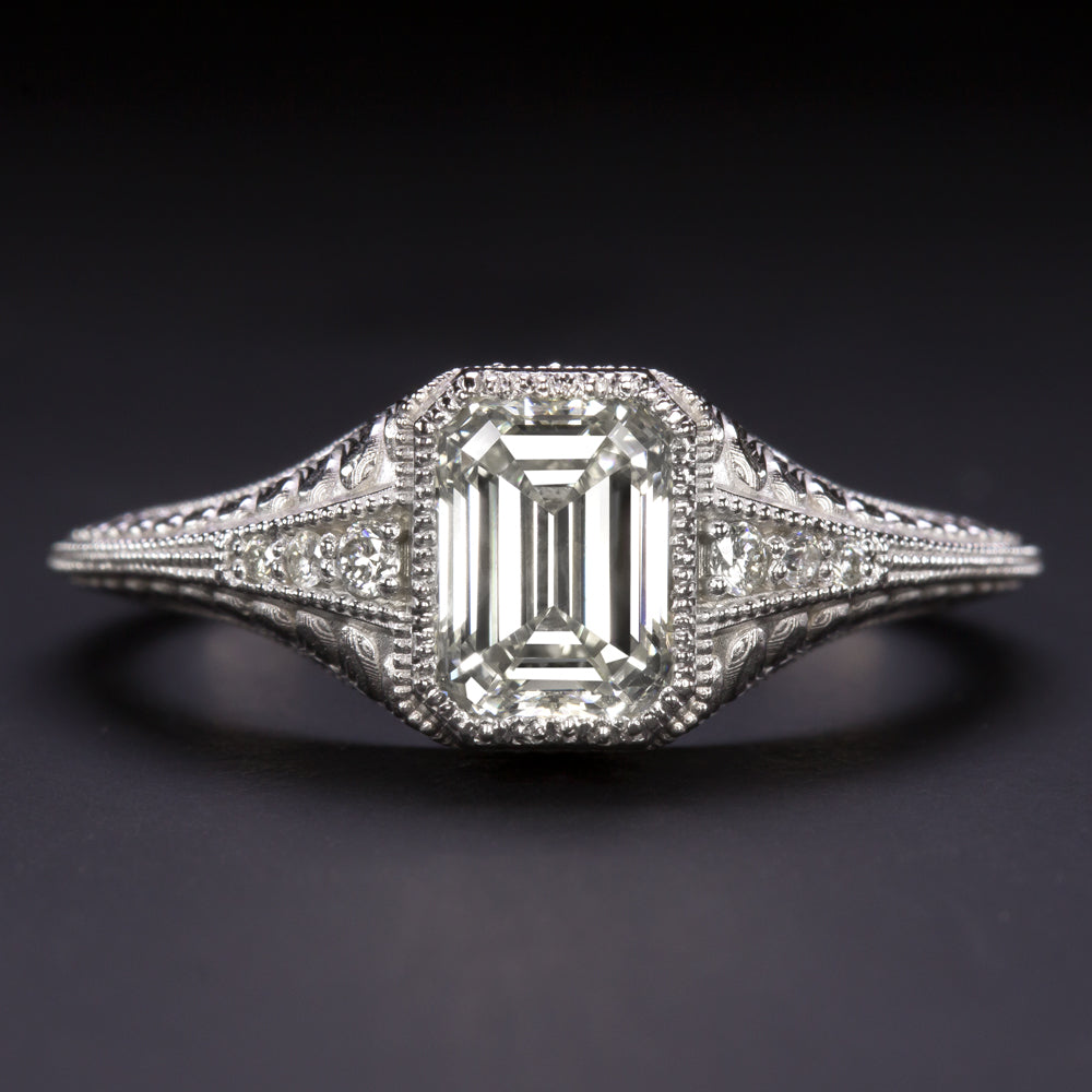 EMERALD CUT DIAMOND ENGAGEMENT RING VINTAGE STYLE WHITE GOLD ENGRAVED ...