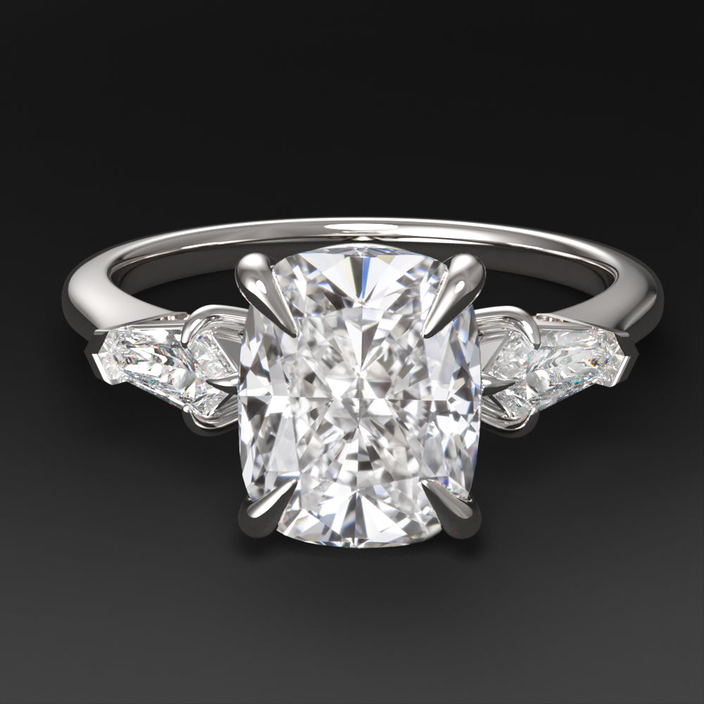 2ct LAB CREATED DIAMOND ENGAGEMENT RING 3 STONE CUSHION BULLET CUT ...