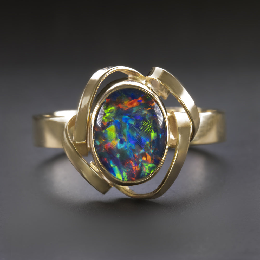 VINTAGE BLACK OPAL COCKTAIL RING YELLOW GOLD BEZEL SWIRL SOLITAIRE ...