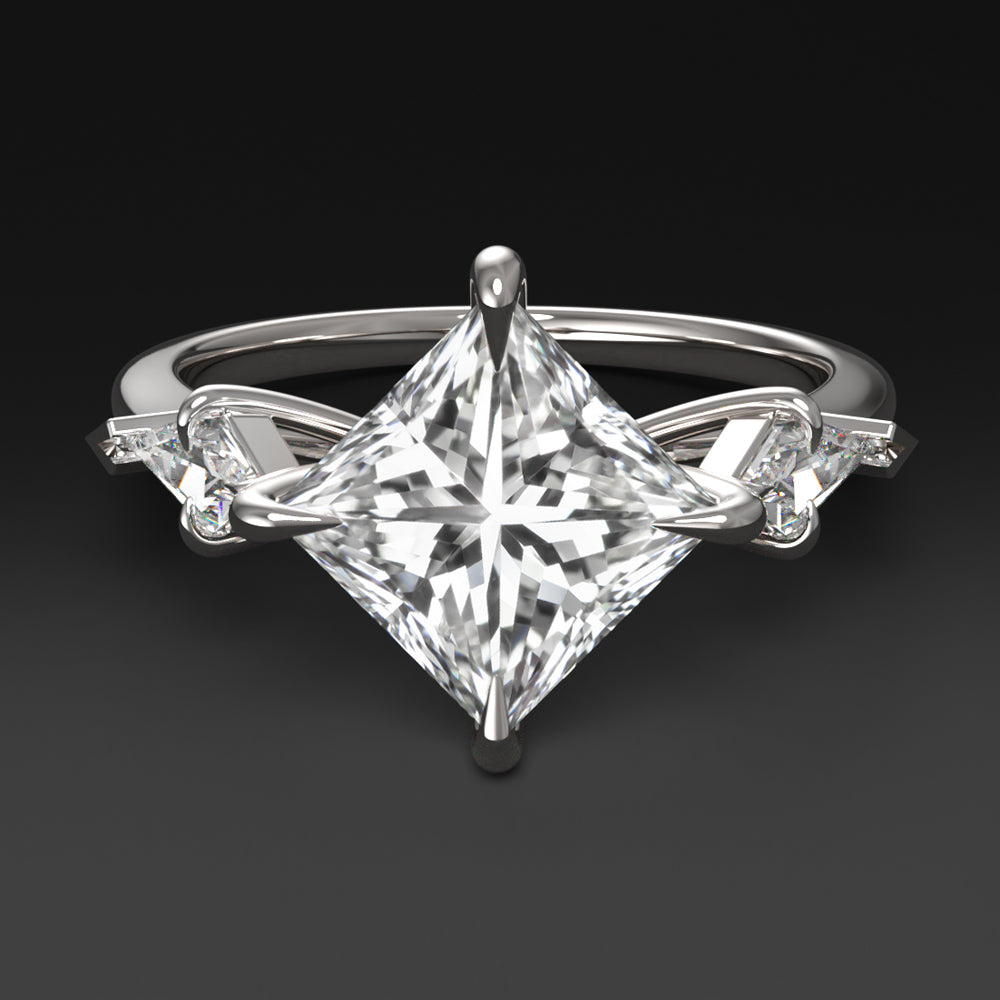 2ct LAB CREATED DIAMOND ENGAGEMENT RING 3 STONE PRINCESS KITE CUT 14k ...